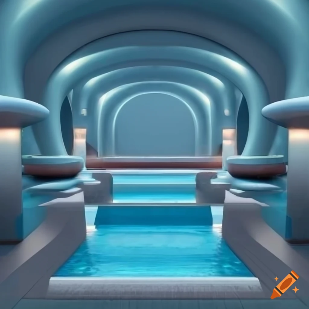 Surreal 3D rendered spa interior with waterfalls and flowing curvy ...