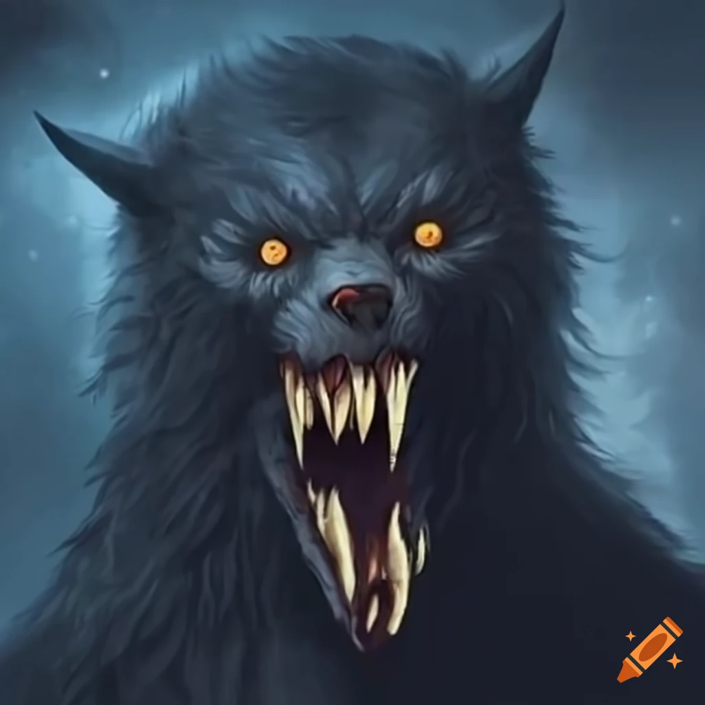 Blue werewolf with icy frosted fur in a dark snowy cave on Craiyon