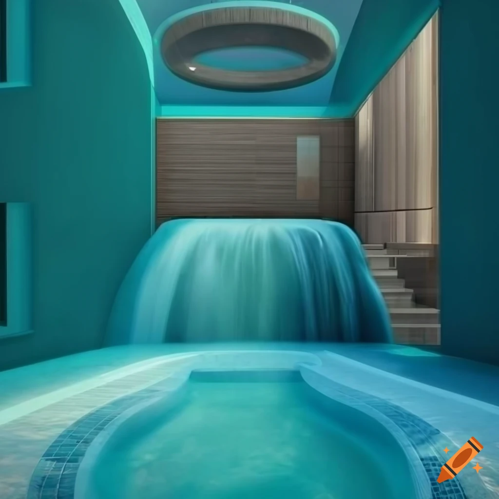Surreal 3d rendered architecture spa with underwater waterfalls