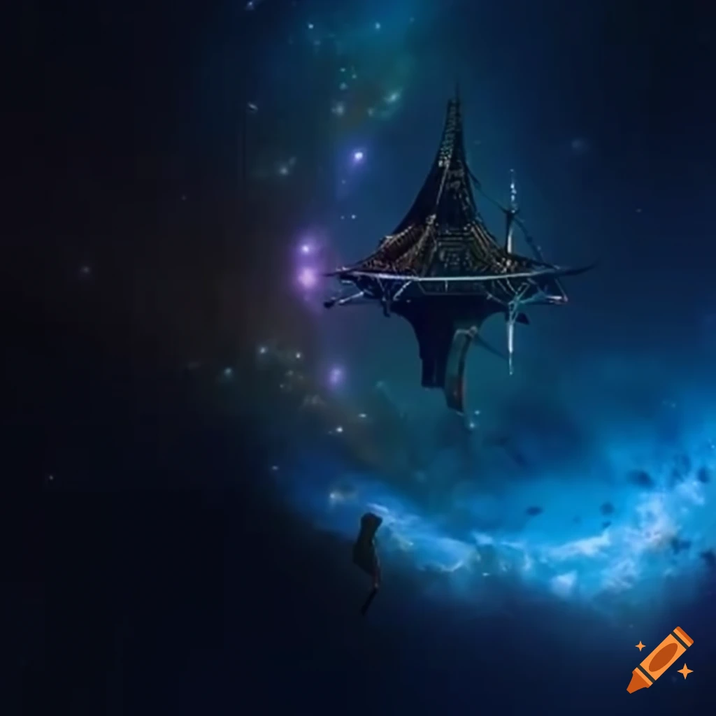 Futuristic spaceship resembling a cathedral in outer space on Craiyon