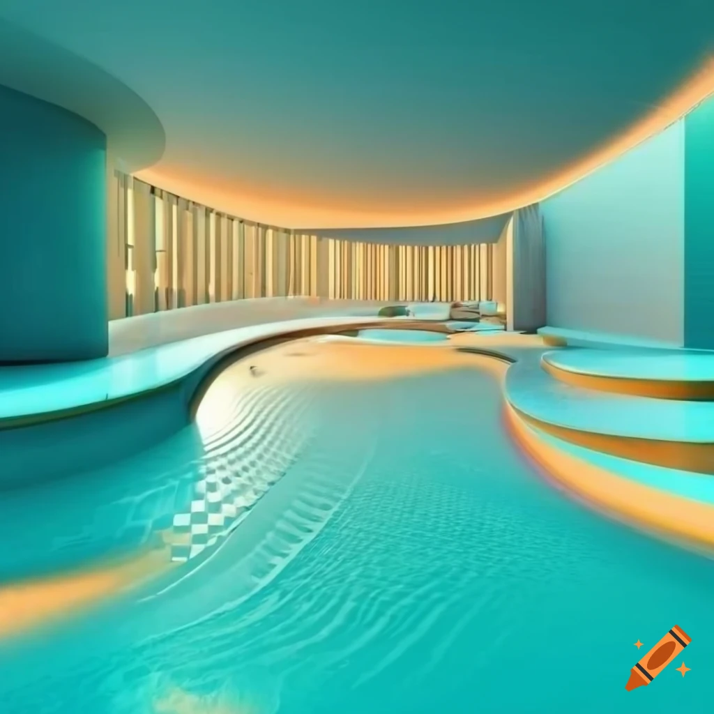 Surreal 3d rendered spa interior with pools and fountains on Craiyon