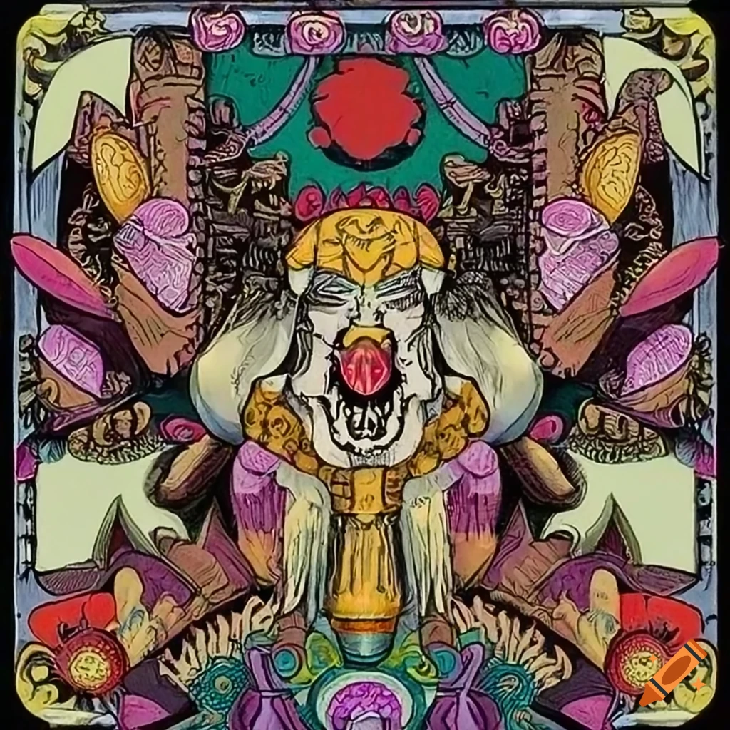 Colorful illustration of a tarot card with baba yaga and santa muerte ...