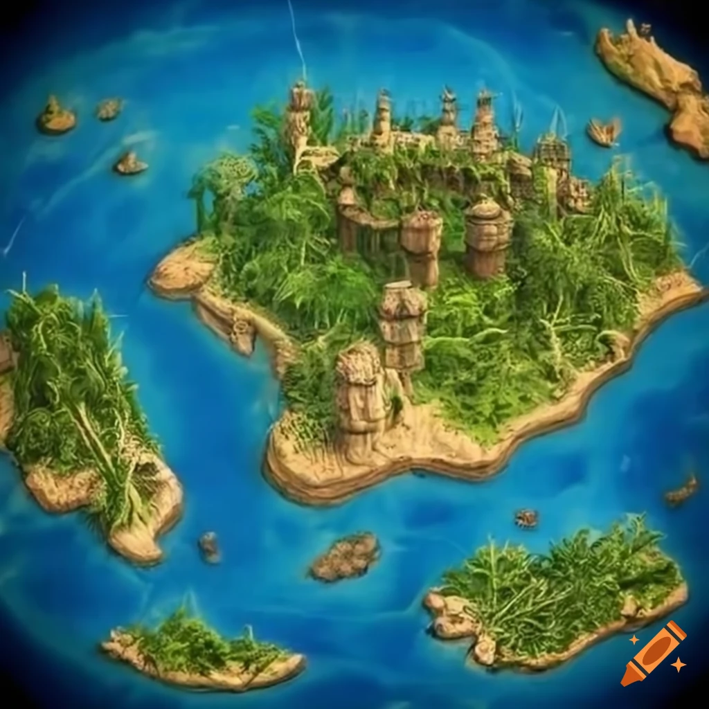 Artwork of a tiny tropical continent with ancient civilization on Craiyon