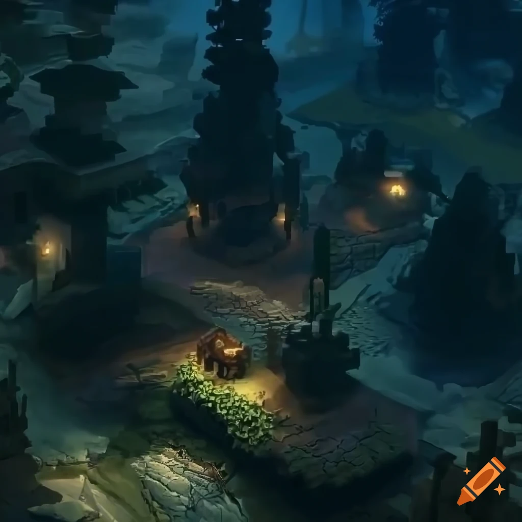 Detailed concept art of an isometric outdoor terrain on Craiyon