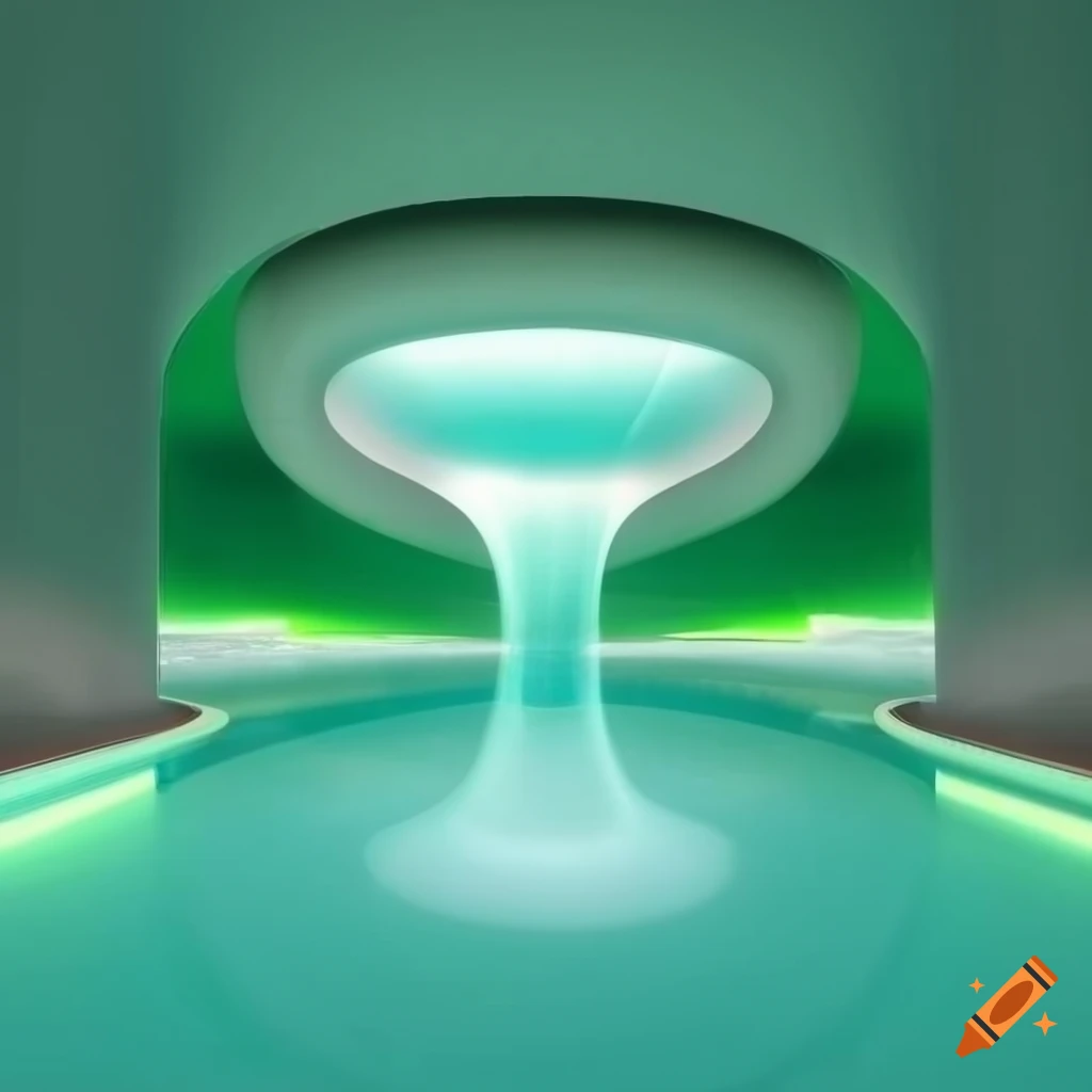 Surreal 3d rendered spa interior with waterfalls and curved forms on ...