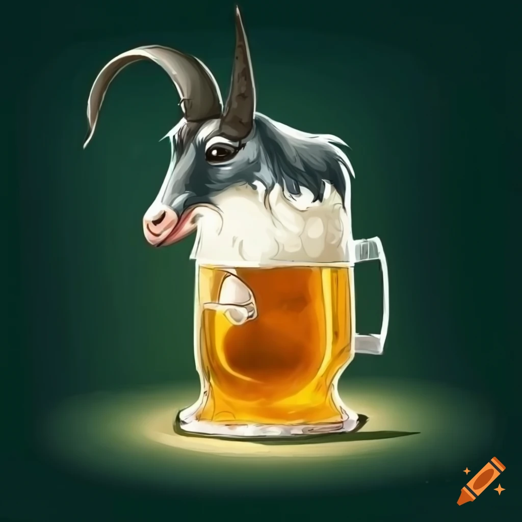 Funny illustration of a goat drinking beer and an atomic bomb