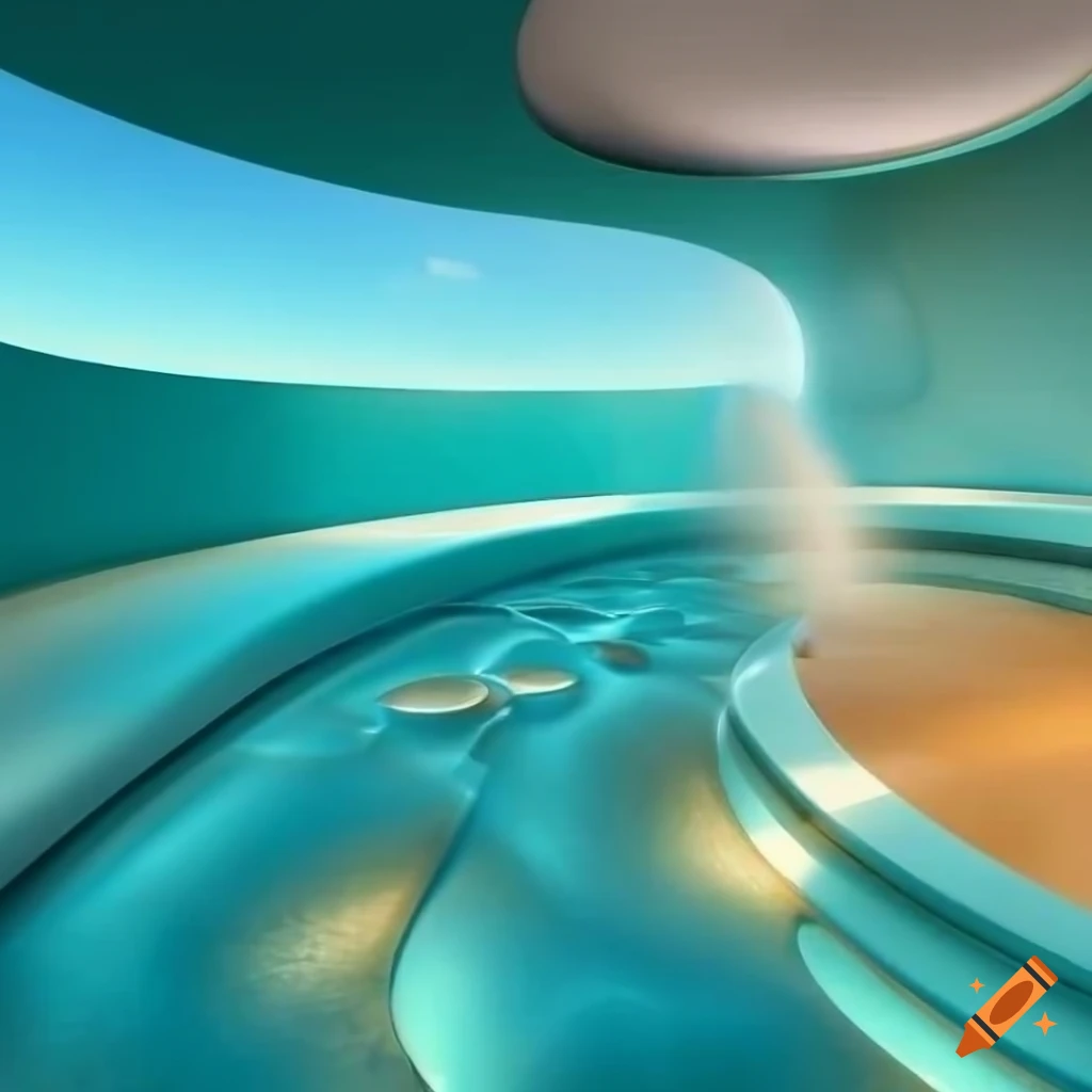 3d rendered spa interior with flowing waterfalls and surreal shapes on ...