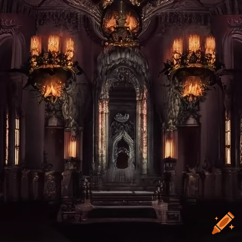 Grand gothic castle hall with regal seating and magnificent decorations ...