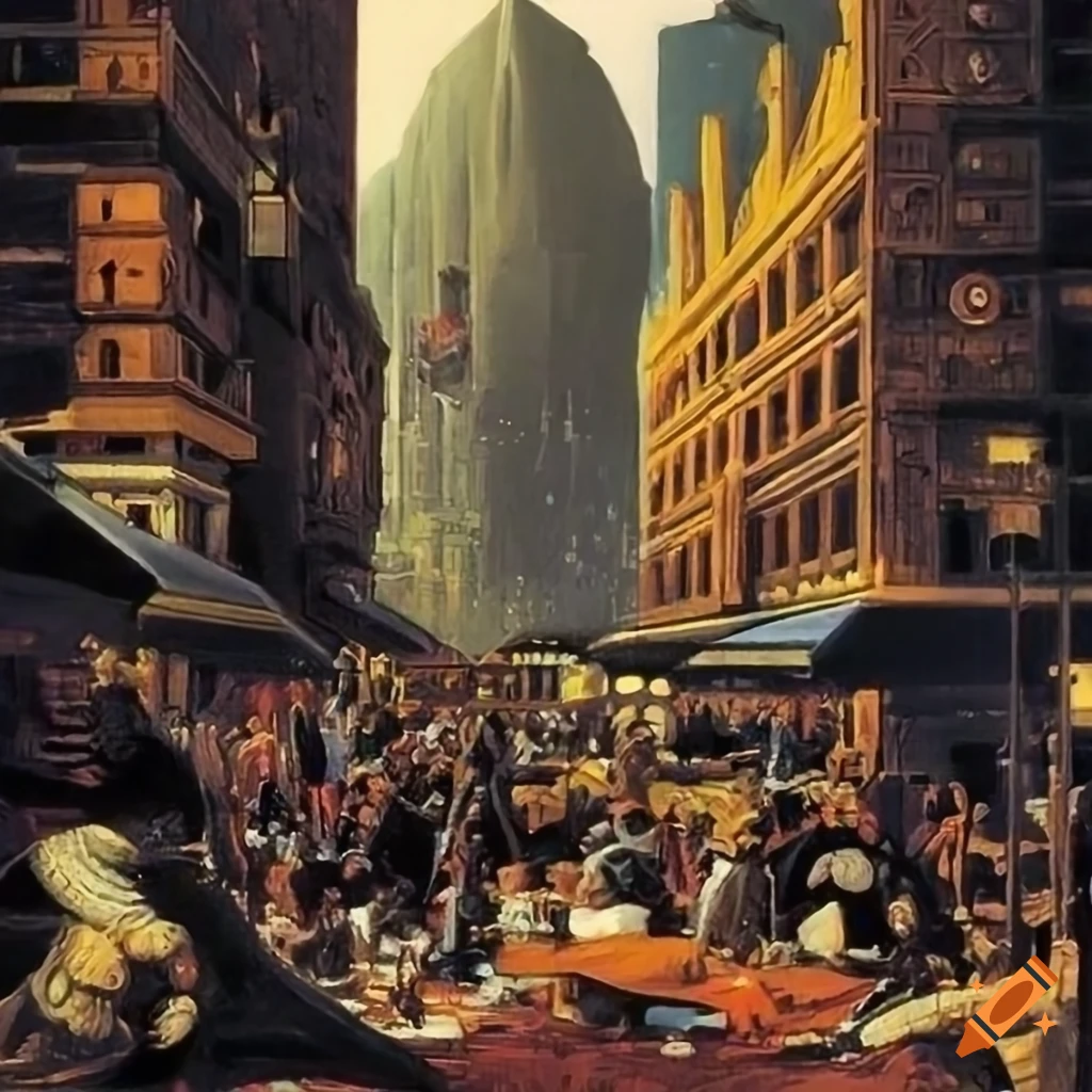 70s sci-fi art of an overcrowded city plaza