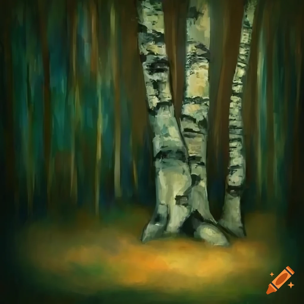 Painting of a sturdy birch tree in an enchanted forest
