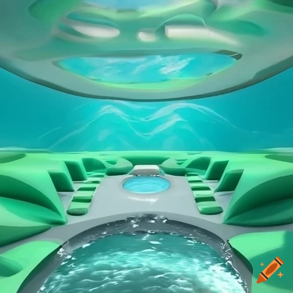 Surreal 3D rendering of an underwater spa with pools and waterfalls on ...