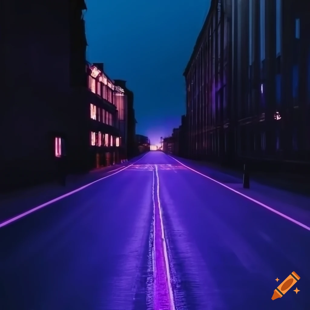 Purple night lights on a road with buildings on Craiyon