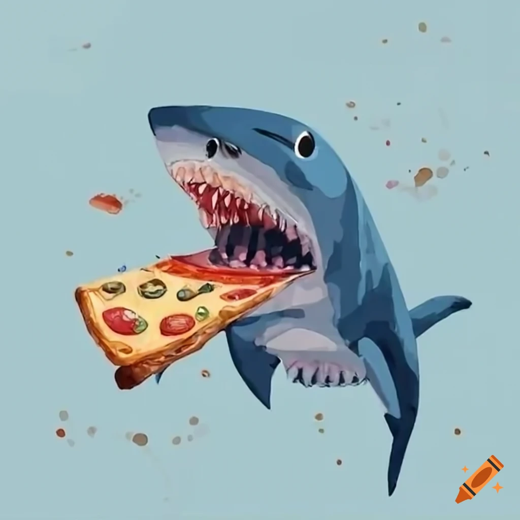 Cartoon shark eating pizza on calm sea on Craiyon