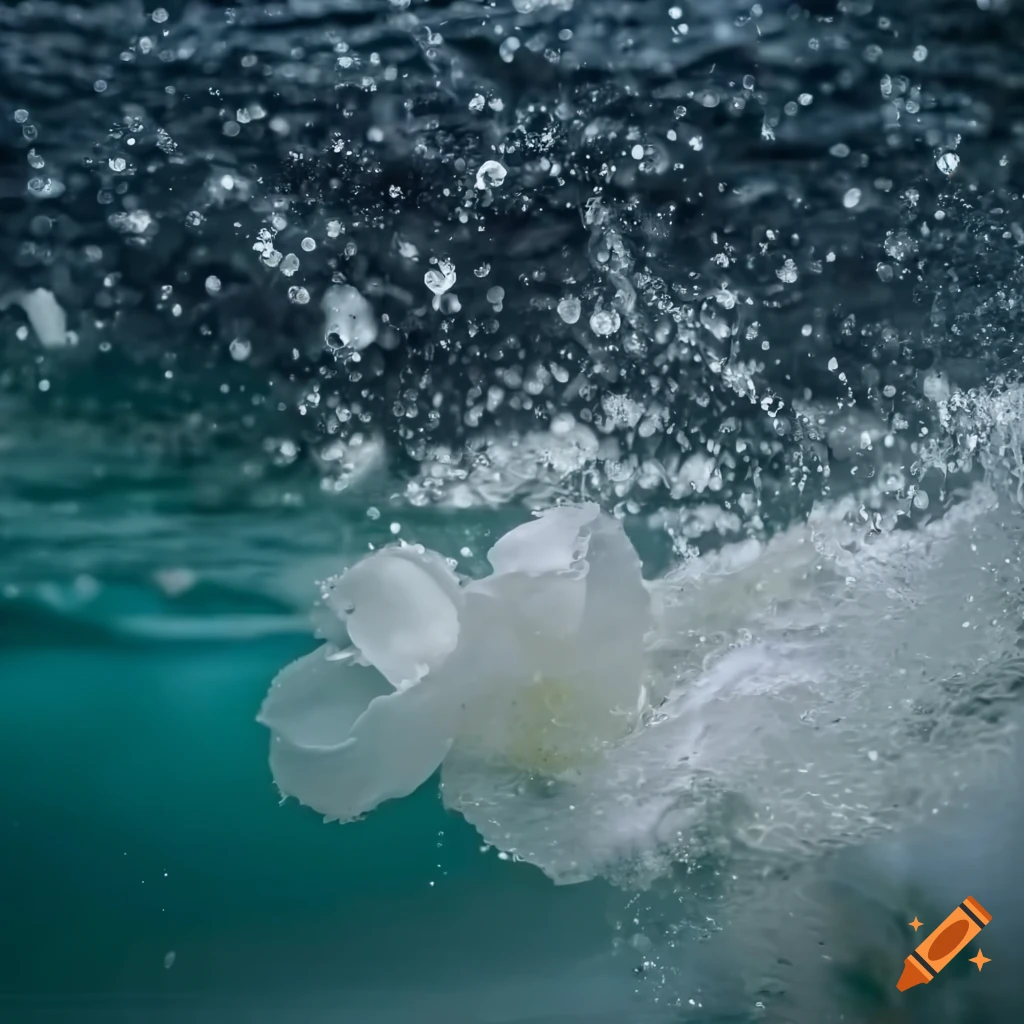 Roses growing in the ocean with waves splashing over them on Craiyon