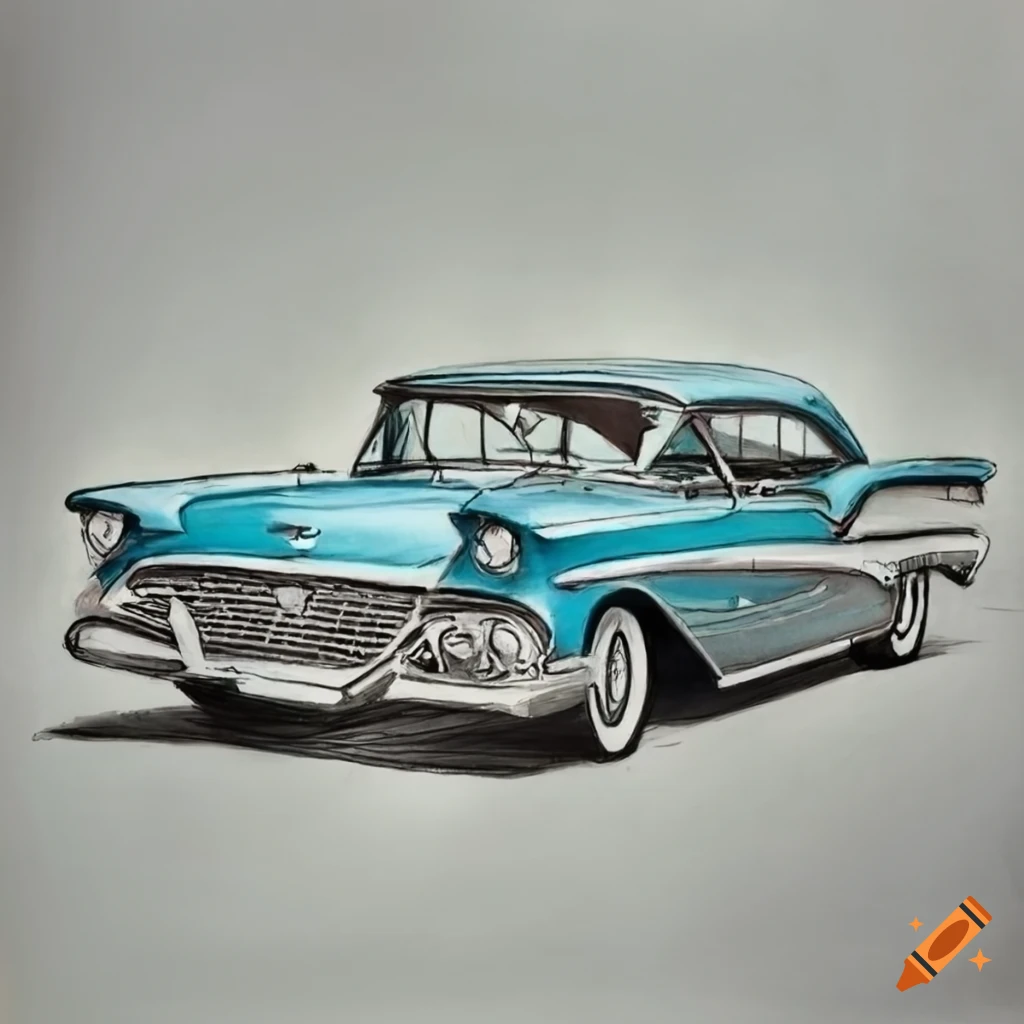 Pencil drawing of a ford fairlane in a pool
