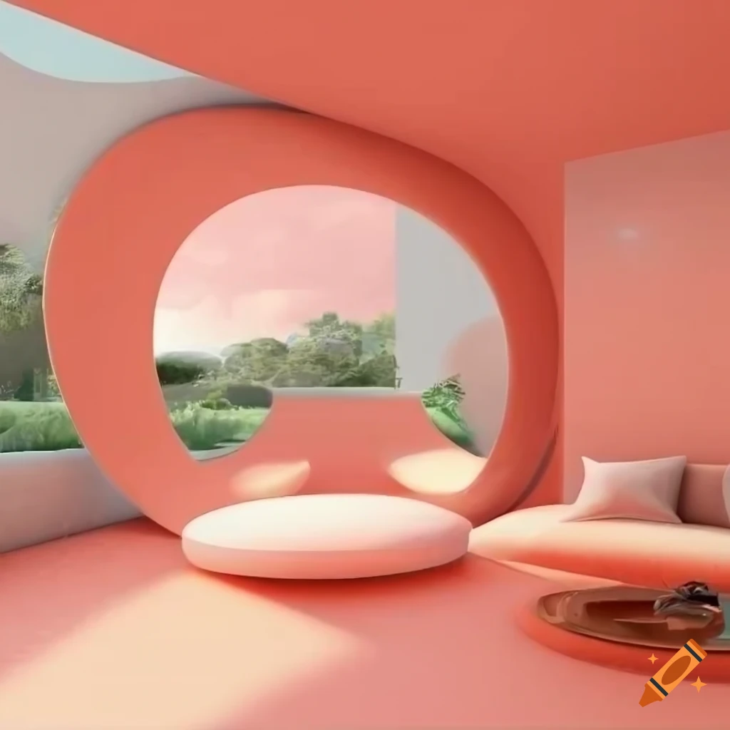 Surreal architecture living room with computer workspace and pool ...