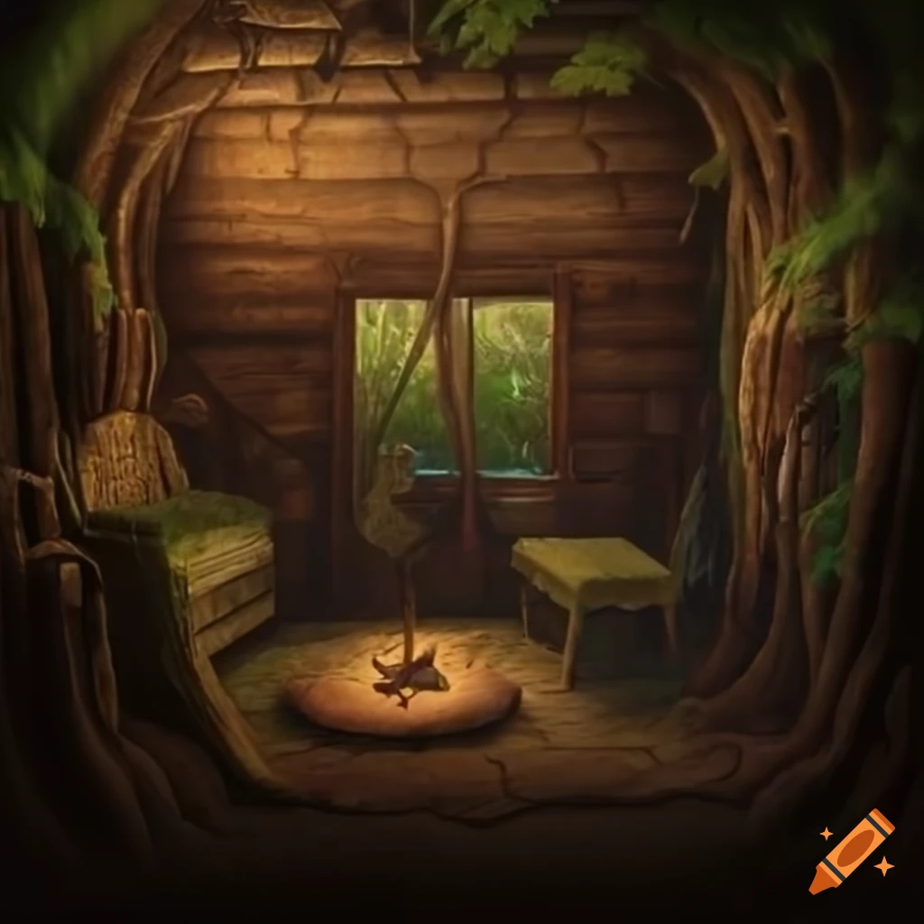 Cozy forest ranger's hut interior with bed, table, and chair on Craiyon