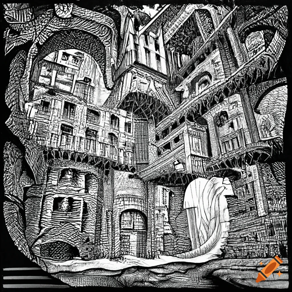 Black and white pencil drawing inspired by mc escher's relativity
