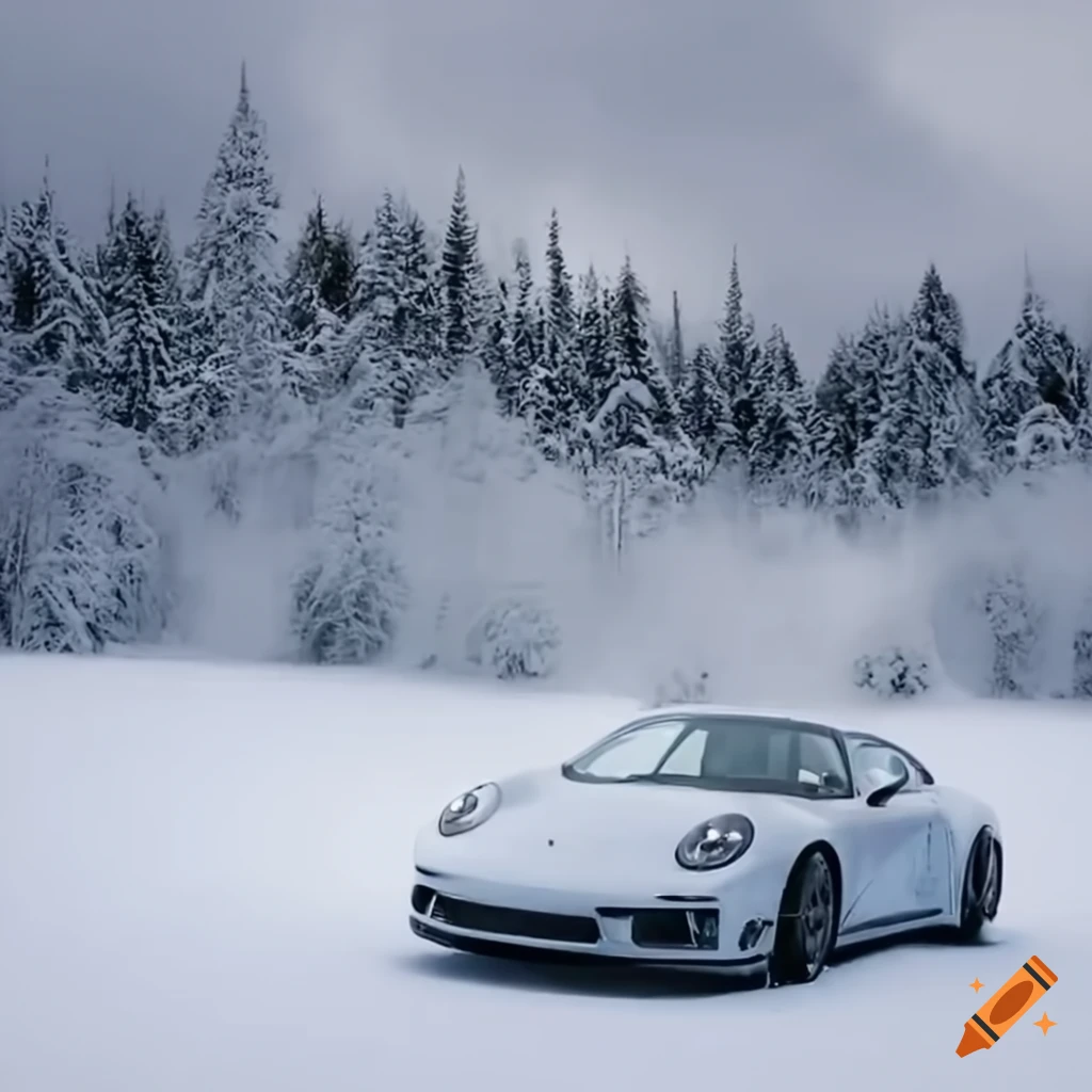 Porsche driving in a snowy landscape on Craiyon