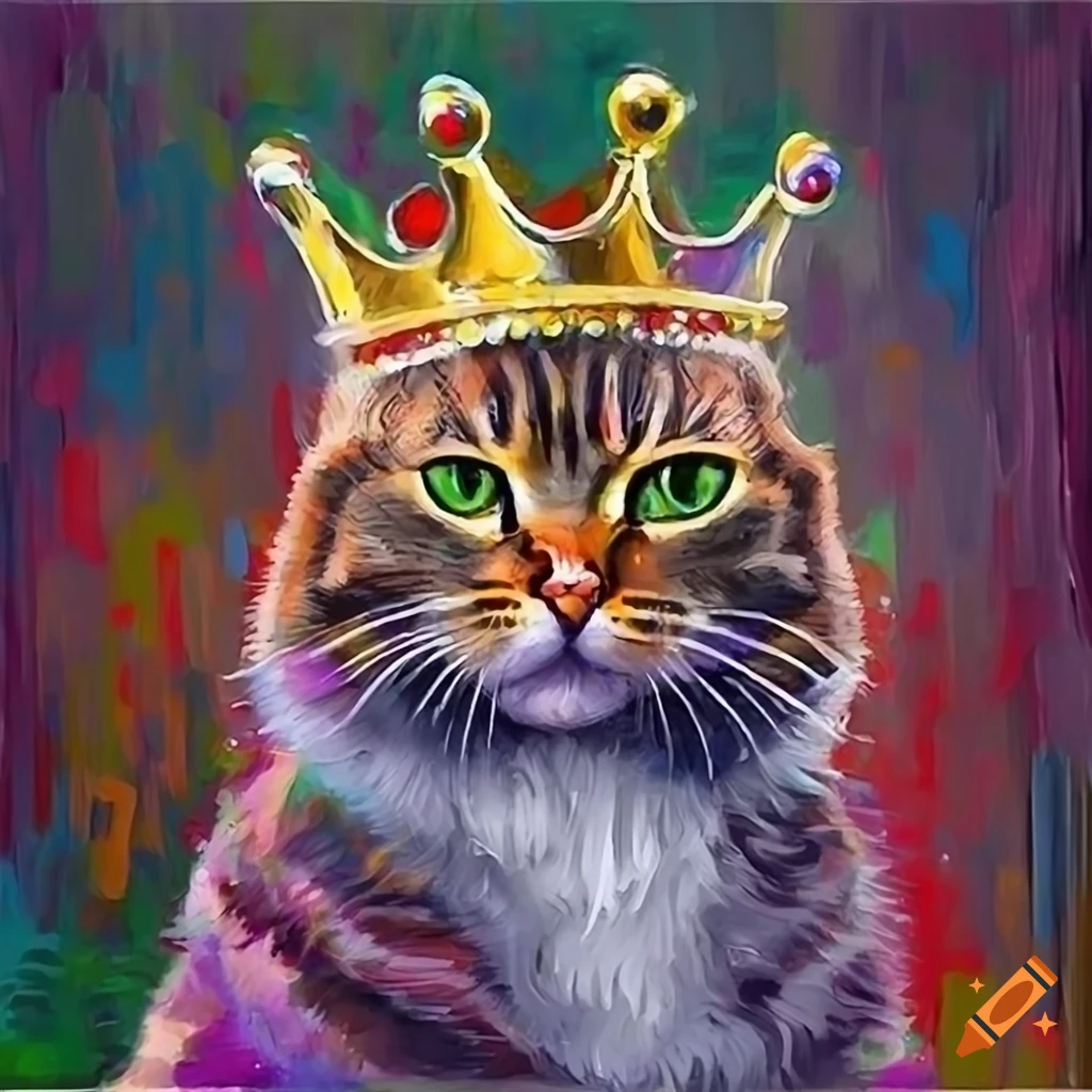 Colorful oil painting of a cat wearing a crown