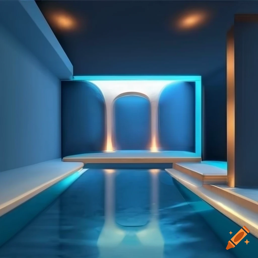 Room with pool and multiple doorways in a photorealistic style on Craiyon