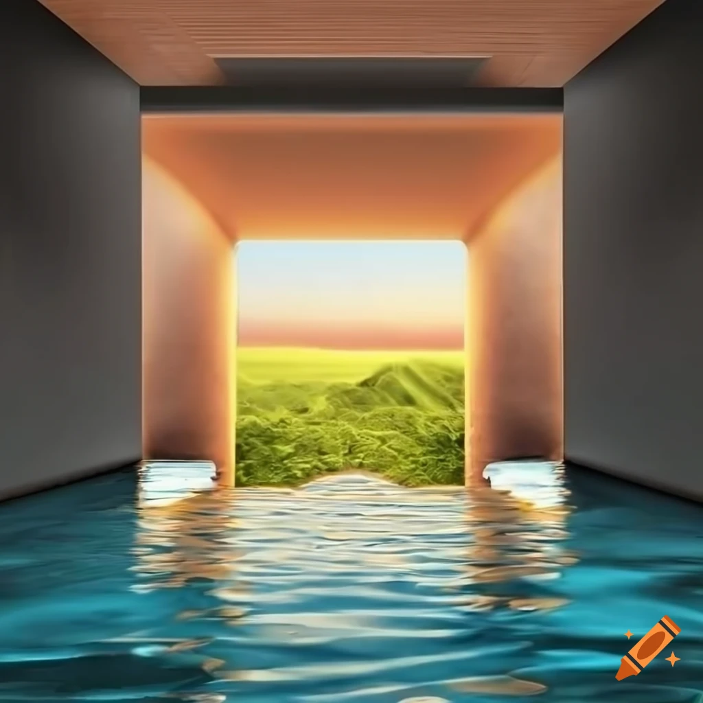 Surreal 3d rendering of a spa with waterfalls and flowing shapes on Craiyon
