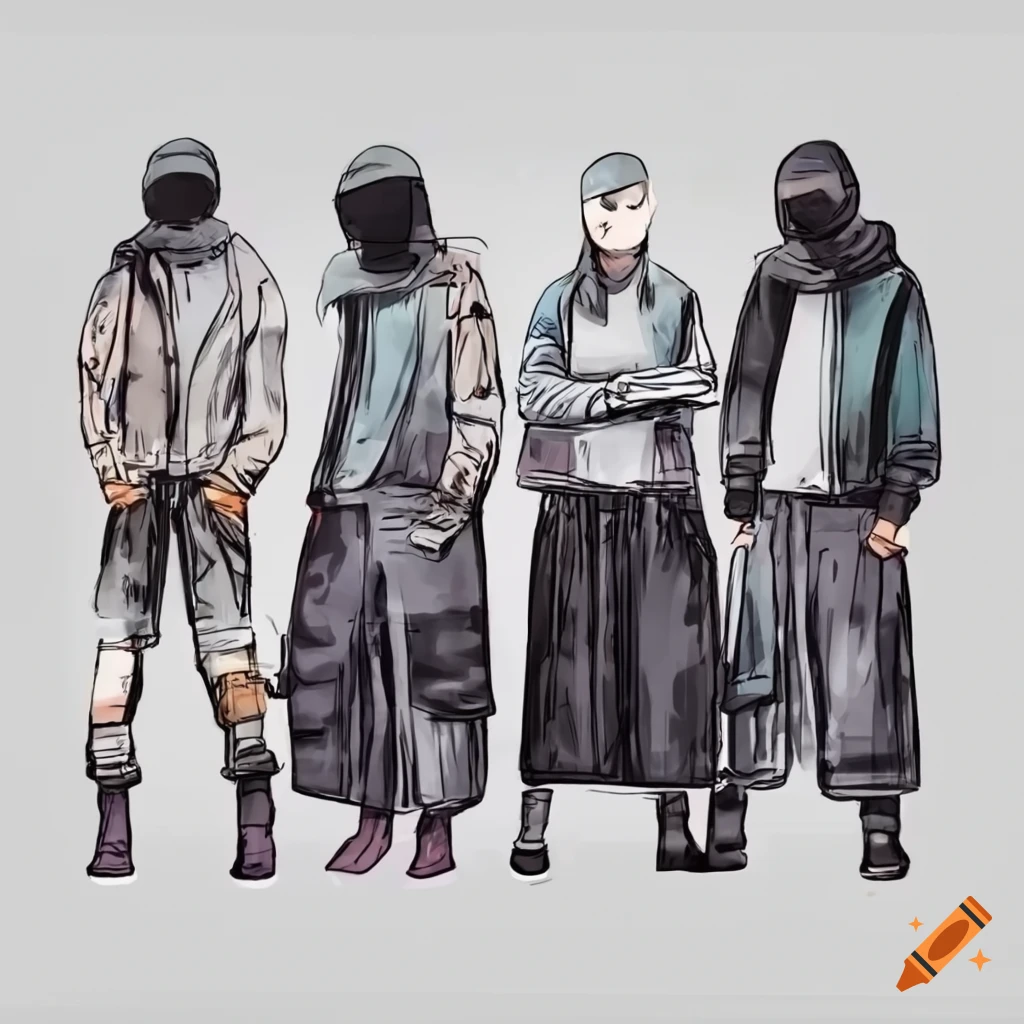 Illustration of a techwear clothing line with six people on Craiyon
