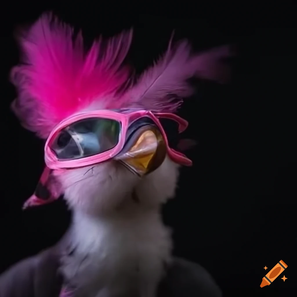 Pink feathered bird with goggles in a laboratory on Craiyon