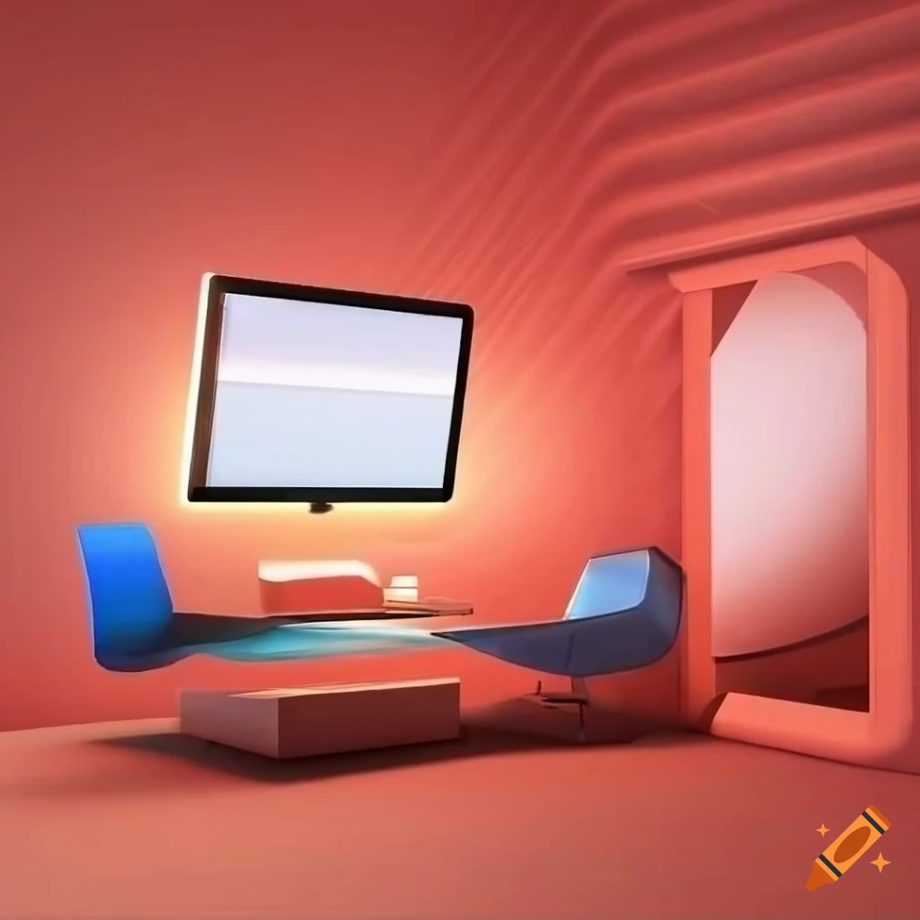 Surreal architecture living room with computer workspace on Craiyon
