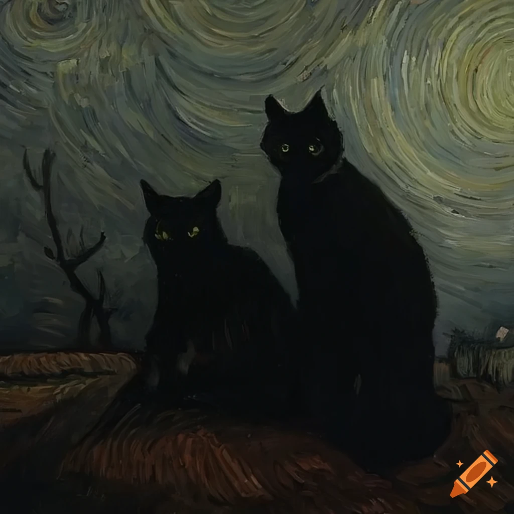 Van Gogh style painting of two black cats in a landscape on Craiyon