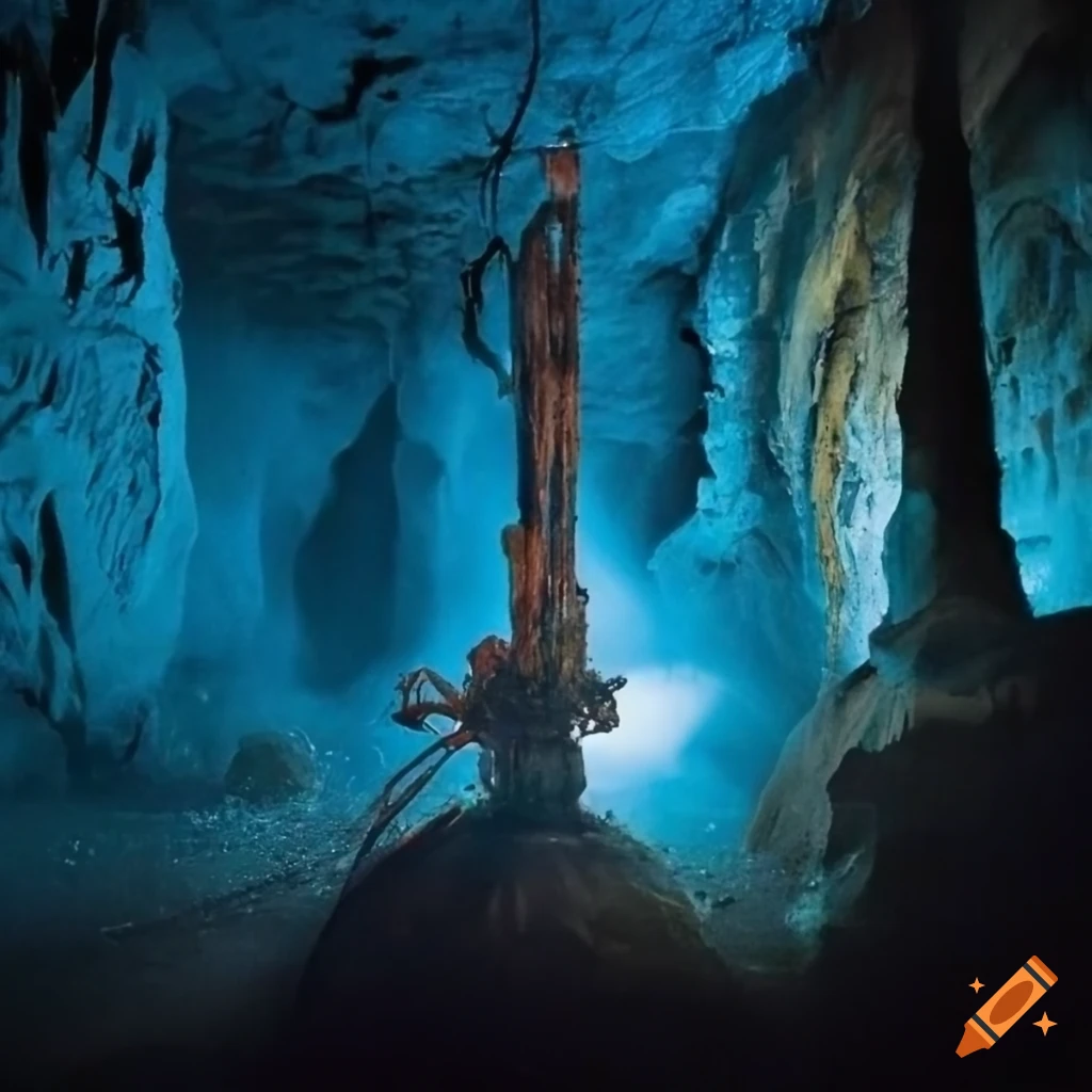 Image of an eerie cave with rusty equipment on Craiyon