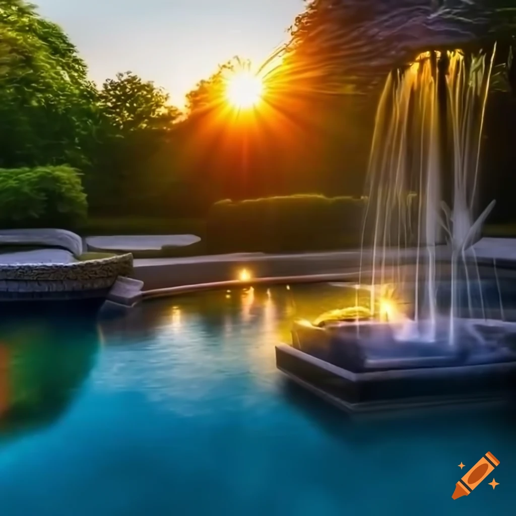 Photography of a luxurious garden patio at sunset on Craiyon