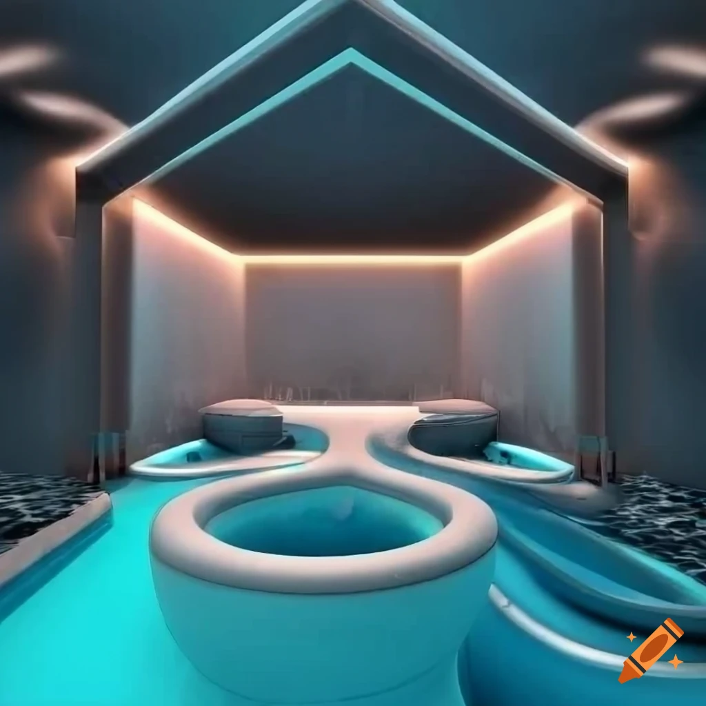 Surreal 3d rendered spa interior with pools and fountains