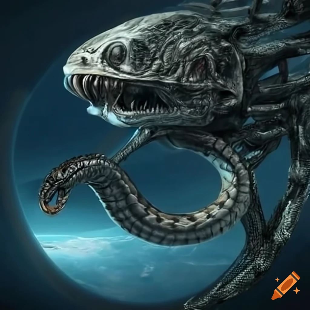 Cybernetic alien leviathan flying over a planet on Craiyon