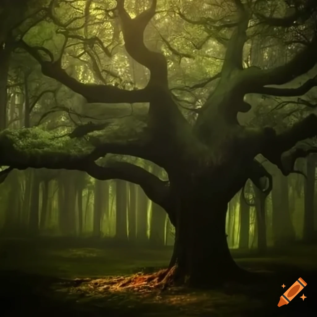 Photo of a thick oak tree in an enchanted forest on Craiyon