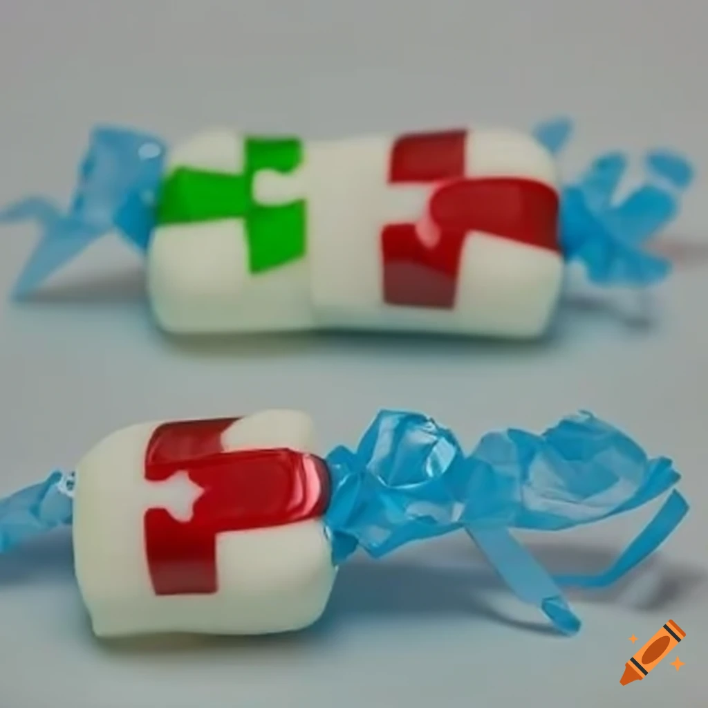 Candy with red cross and blue candy with green text