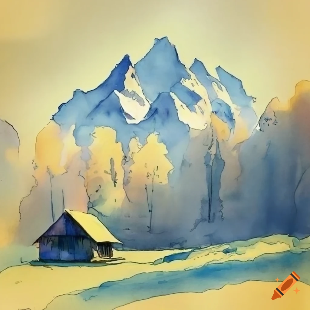 Artist's depiction of a hut in the alps with sunlight