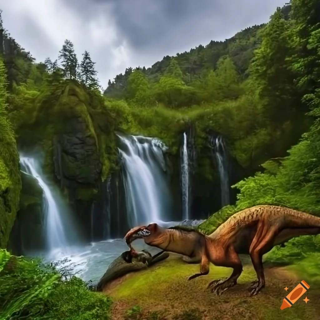 Photo of dinosaurs near a volcano and waterfall on Craiyon