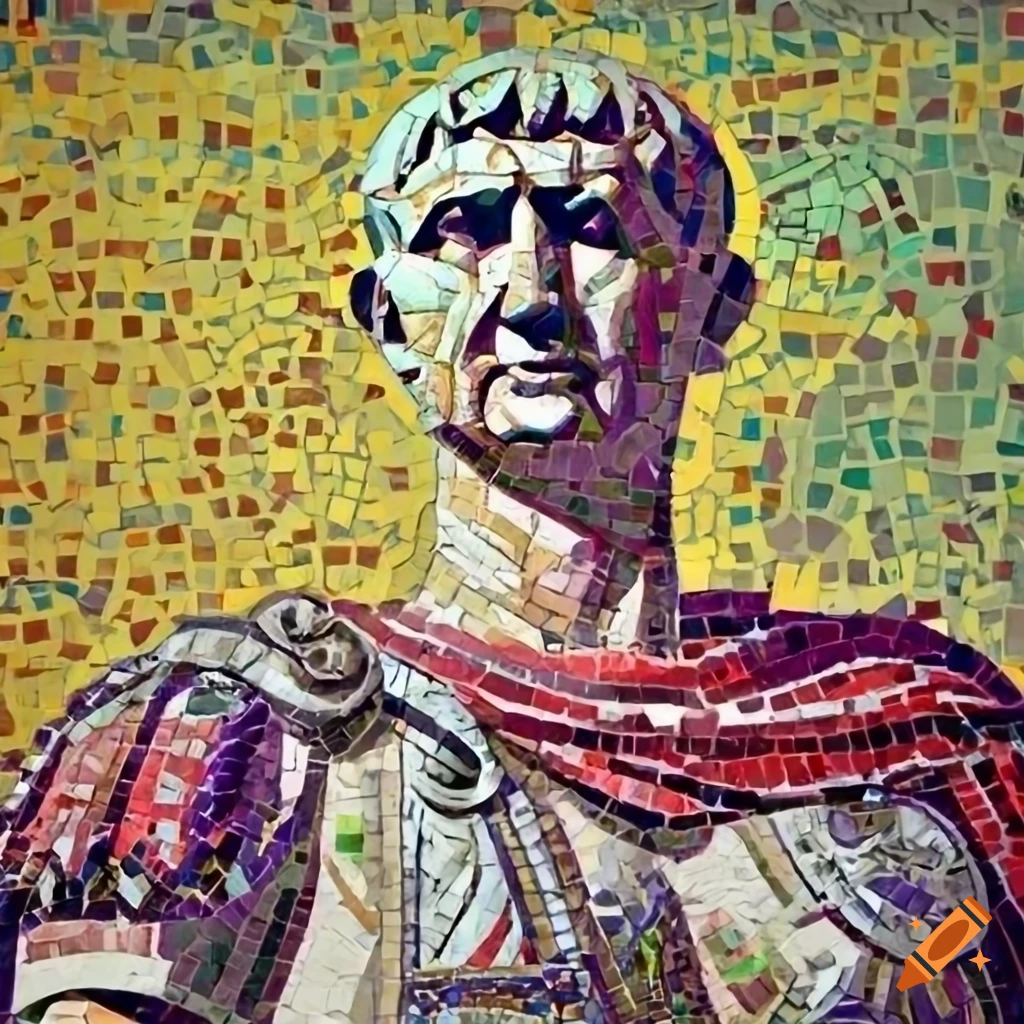 Mosaic of god-emperor trajan in red and purple tunic and white armor ...