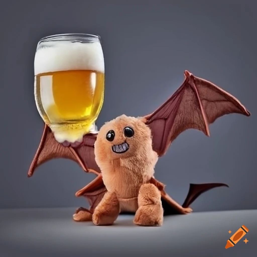 Soft toy bat with a glass of beer