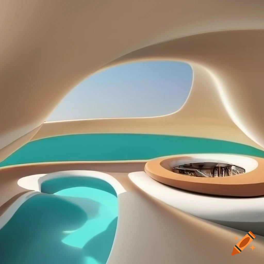 Surreal 3d rendered living room with pool hallway on Craiyon