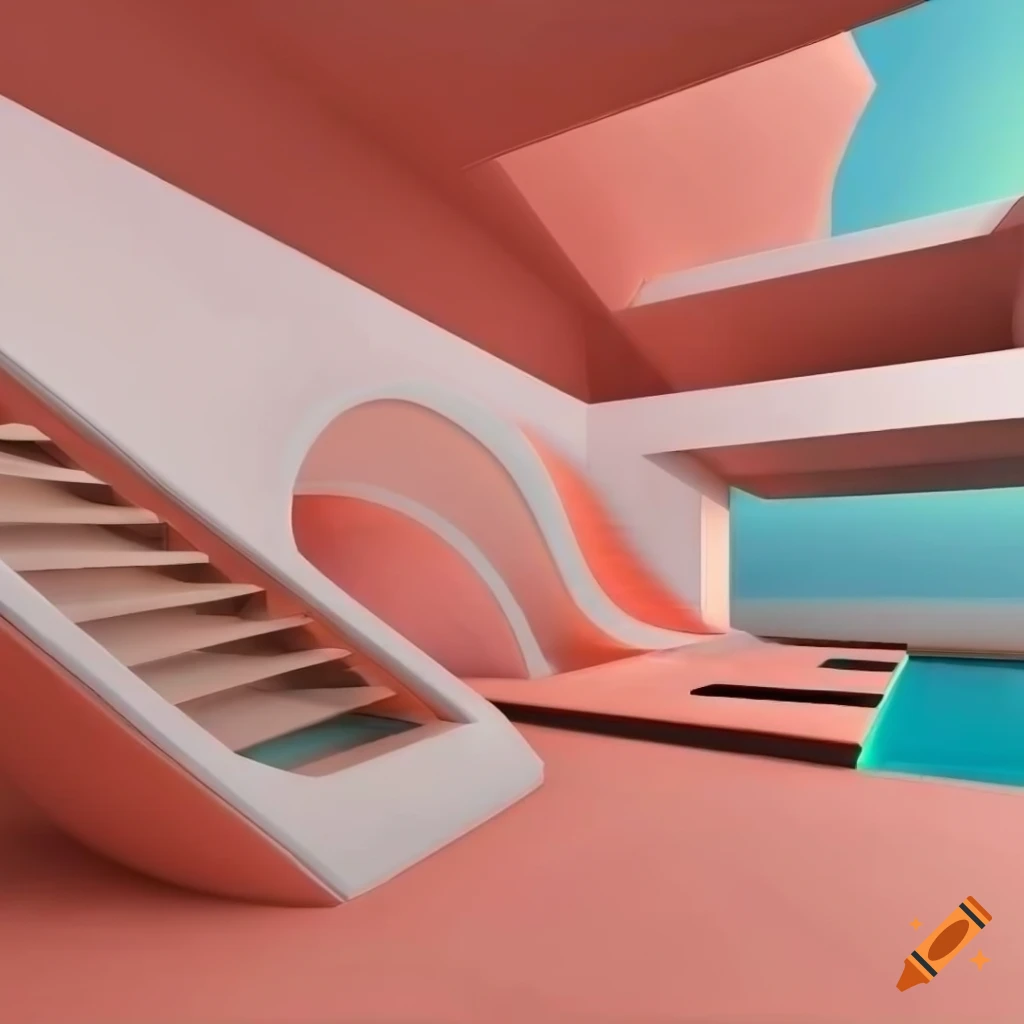 3d rendered surreal living room with pool hallway on Craiyon