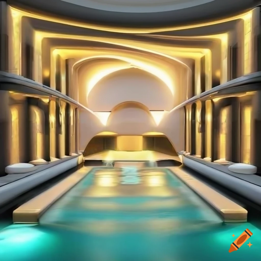 3d rendered surreal spa interior with pools and fountains