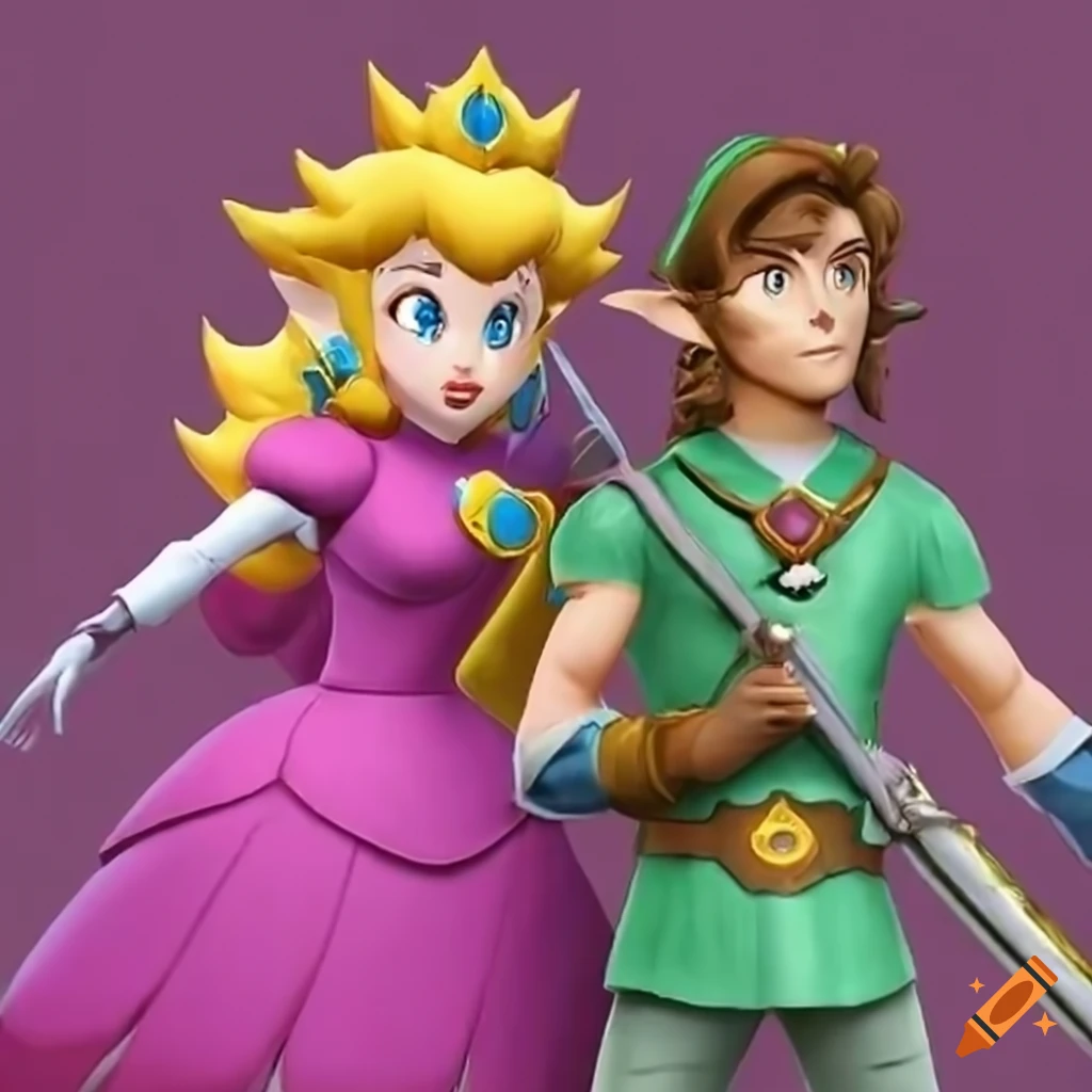 Princess peach and link posing in pink silk ballgowns on Craiyon