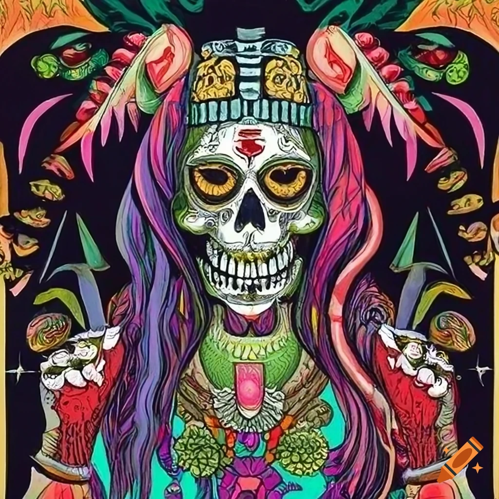 Graphic art of baba yaga santa muerte with mayan totem poles on Craiyon