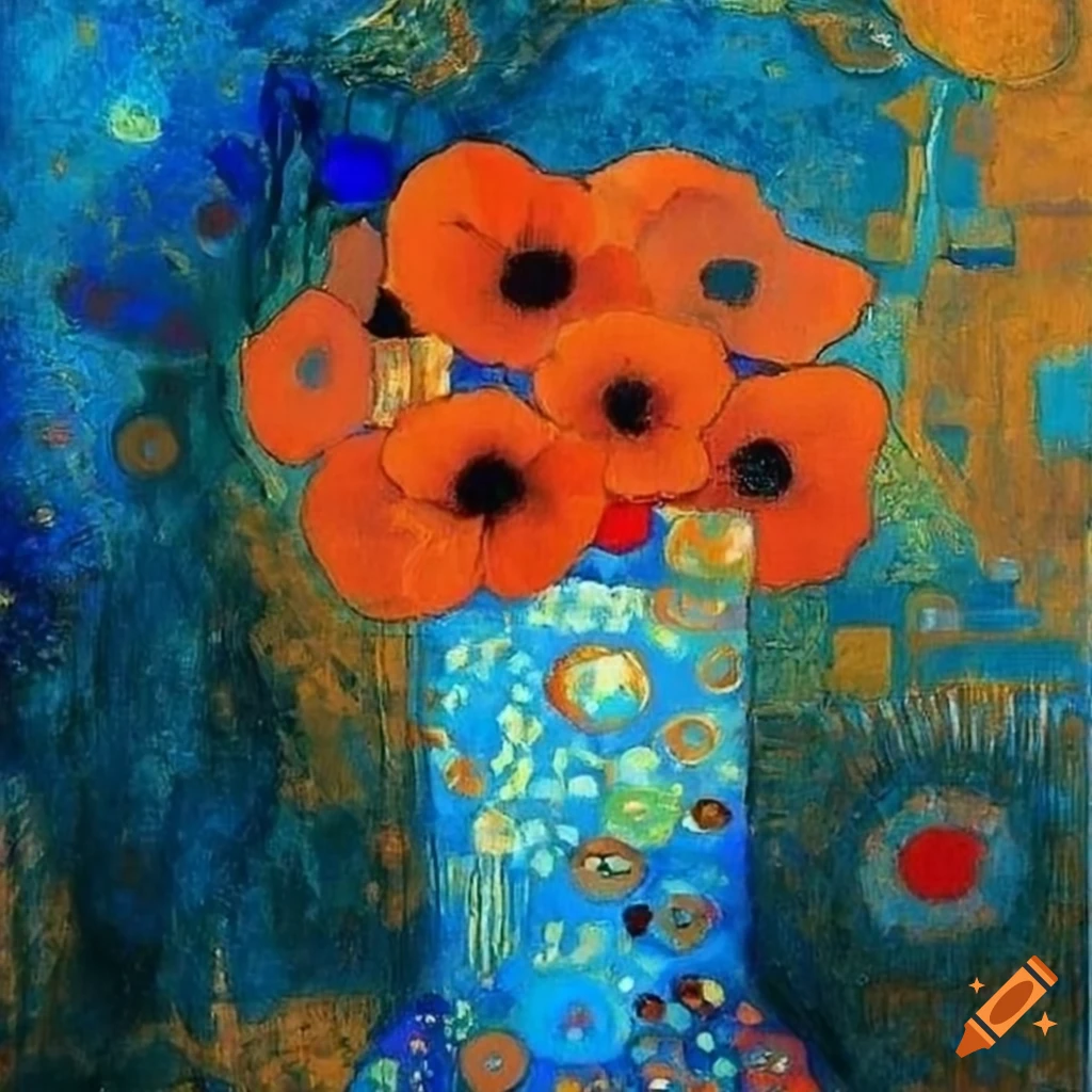 Graphic abstract art in blue with poppies on Craiyon
