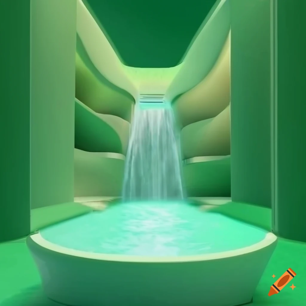 3D rendering of a surreal spa with pools and waterfalls on Craiyon