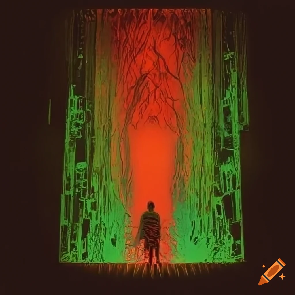 Green and red laser art in a 70s sci-fi style on Craiyon