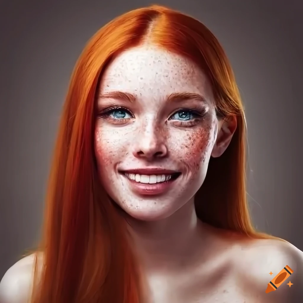 Portrait of a beautiful young woman with red hair and freckles on Craiyon