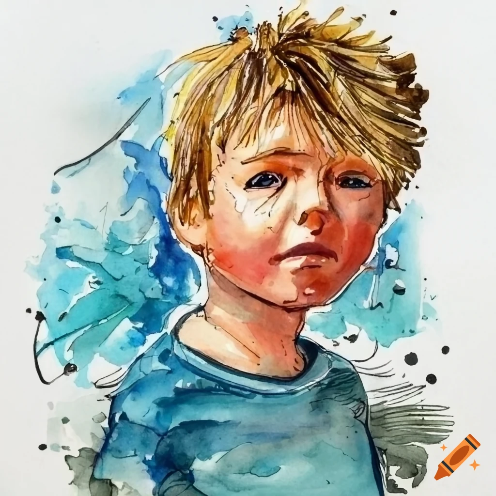 Ink and watercolor artwork of a boy with a fish